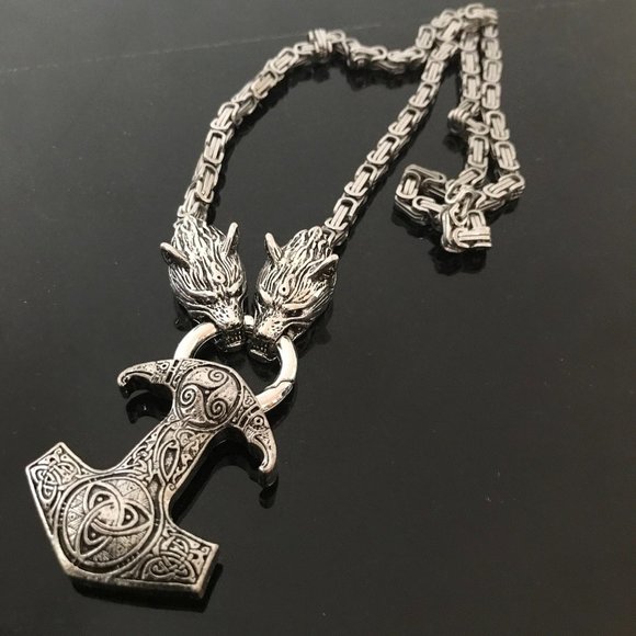 Accessories | Viking Byzantine Chain Thor Hammer Wolf Pendant Necklace ...